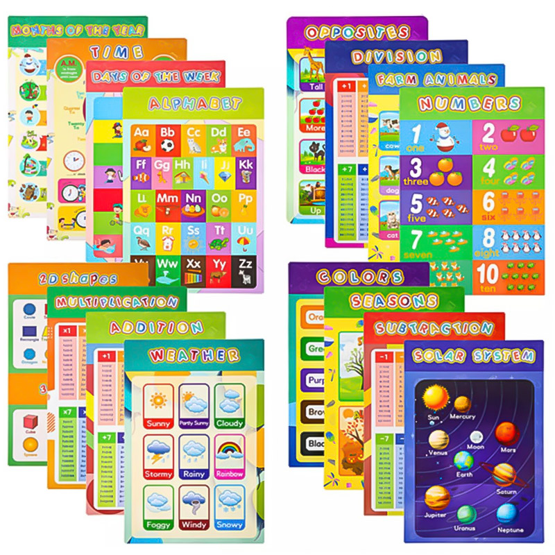 🔝16pcs 42x28 Educational Charts Toddler ABC Learning Wall Poster ...
