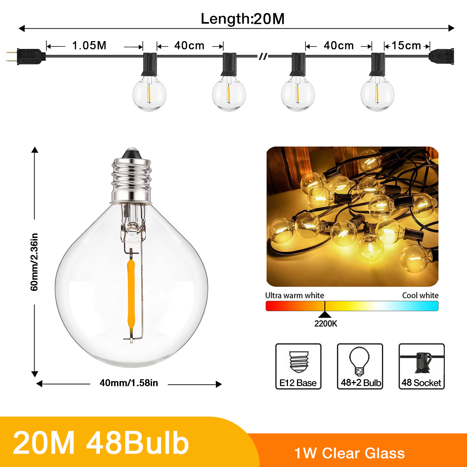 GANRILAND 65FT Outdoor Garland String Lights Dimmable E12 Sockets G40 ...