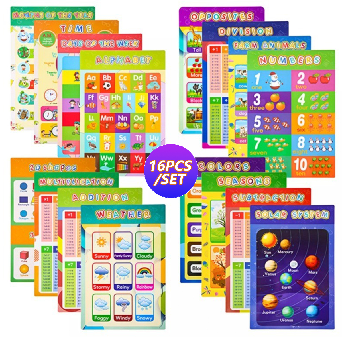 12/16pcs Chart For Kid Educational Set Wall Colors Numbers Alphabet ...