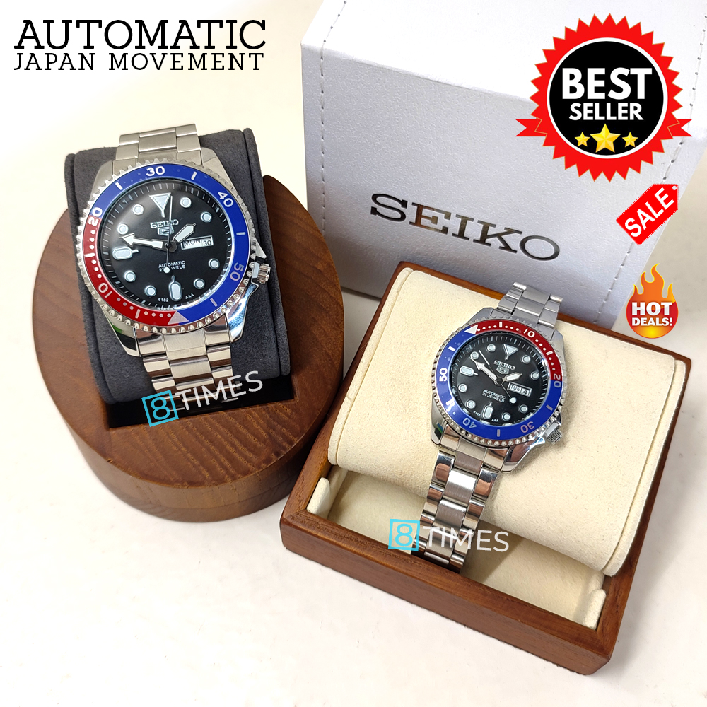 Seiko 5 Automatic 21 Jewels Pepsi Bezel Black Dial Day Date Display ...