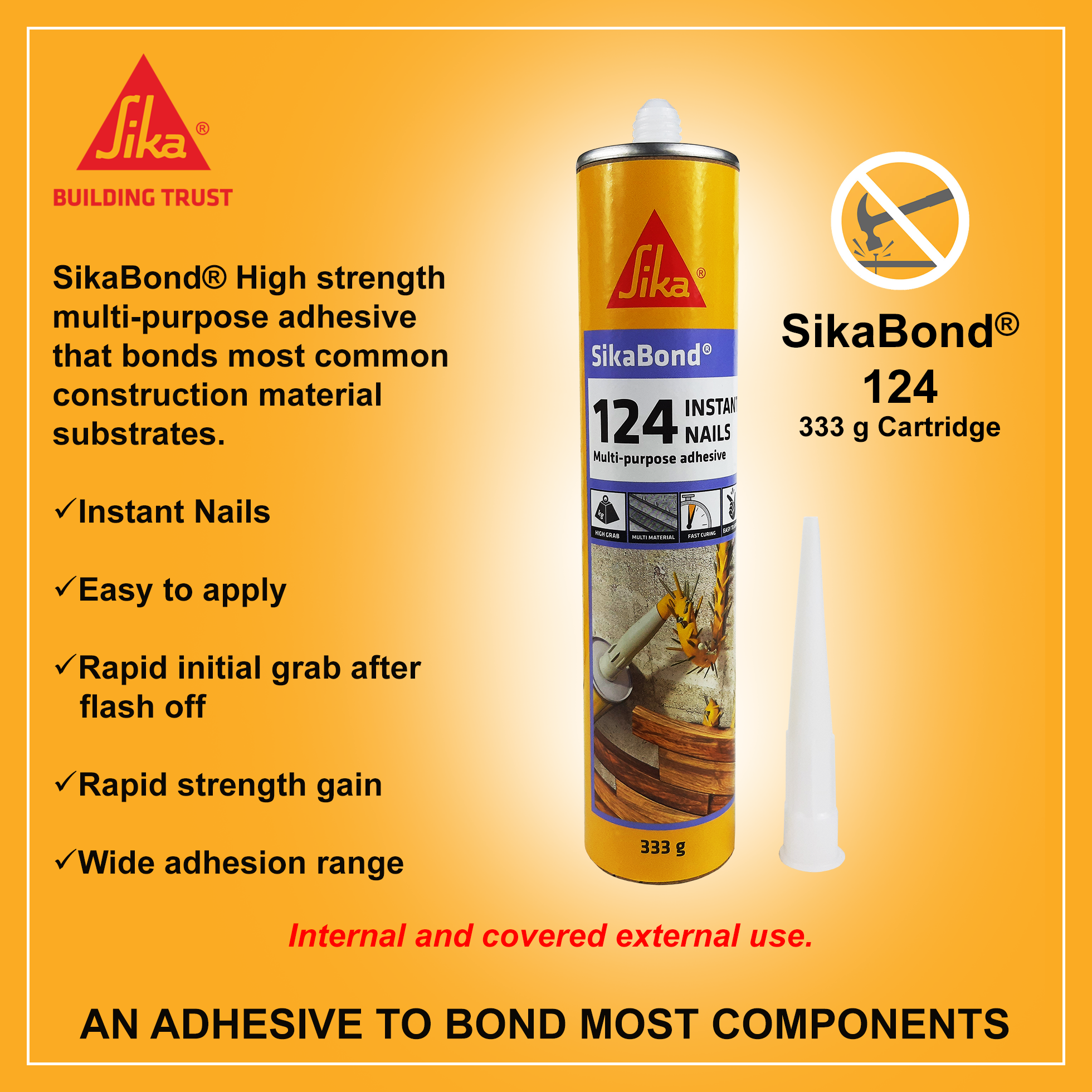Sika Sikabond 124 Wood Brown 333G Instant Nails High Strength Multi ...