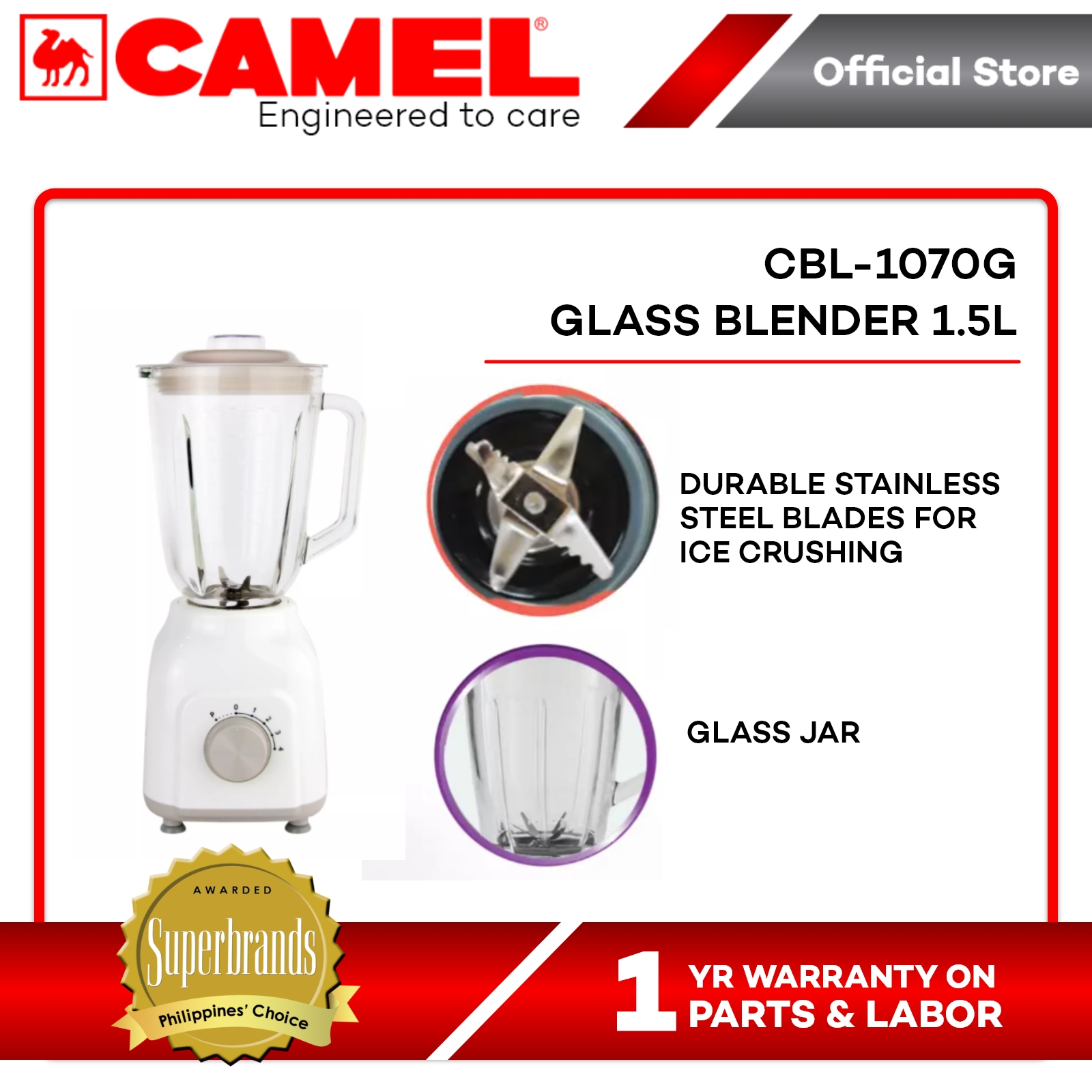Camel CBL-1070G 4-Speed + Pulse Function Glass Blender 1.0L with Stainless Steel Blades (White ...