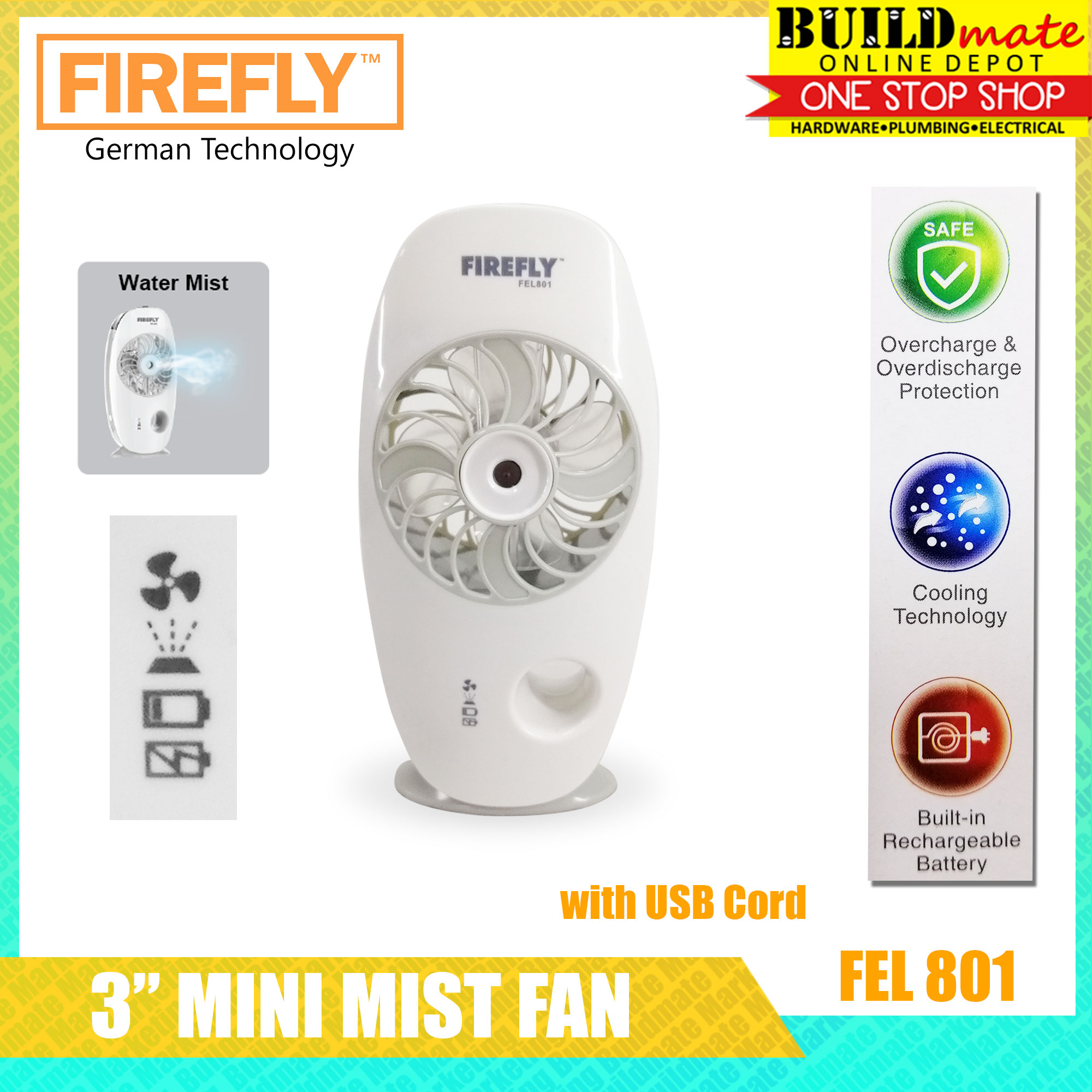 FIREFLY 3 inches Multi functional Handy Mist Fan FEL801 with Built-in ...