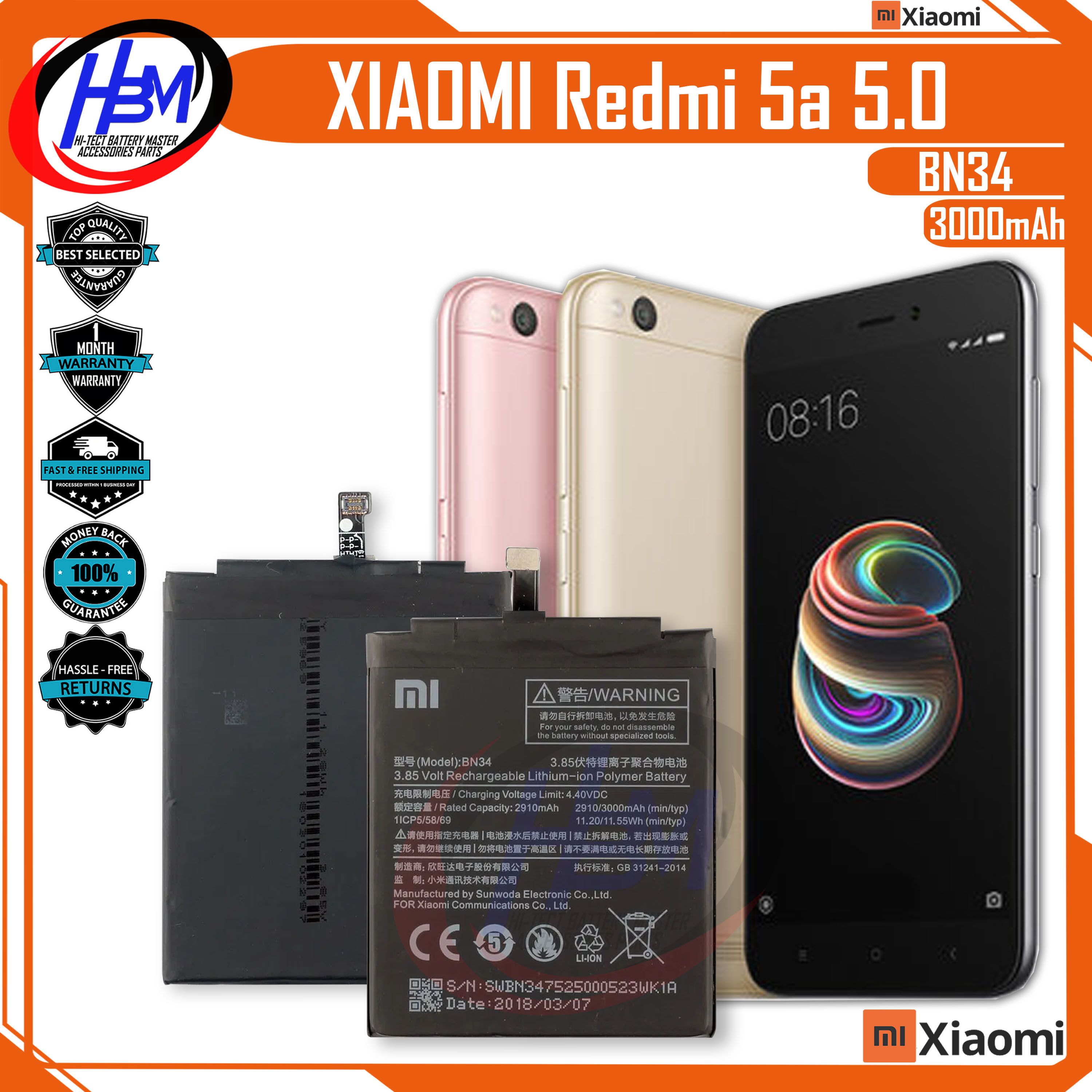Xiaomi Redmi 5A Battery Model:BN34 Rechargeable Lithiun-ion Polymer 100 ...