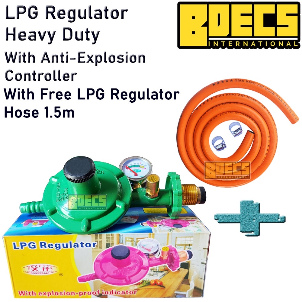 LPG Regulator Heavy Duty with pressure gauge and safety device controller with free hose I Bdecs ...