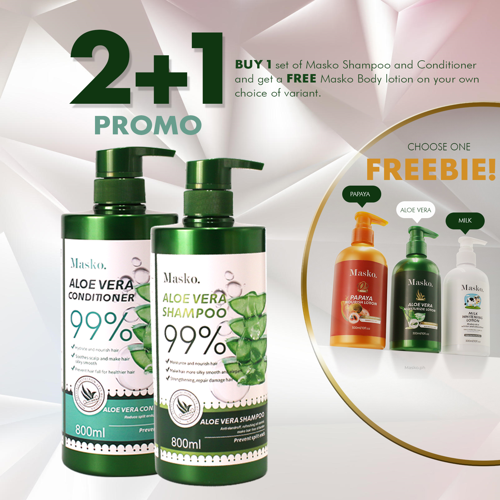 Buy 2 plus 1 Masko. Aloe Vera Extract 800ml Shampoo and Conditioner ...