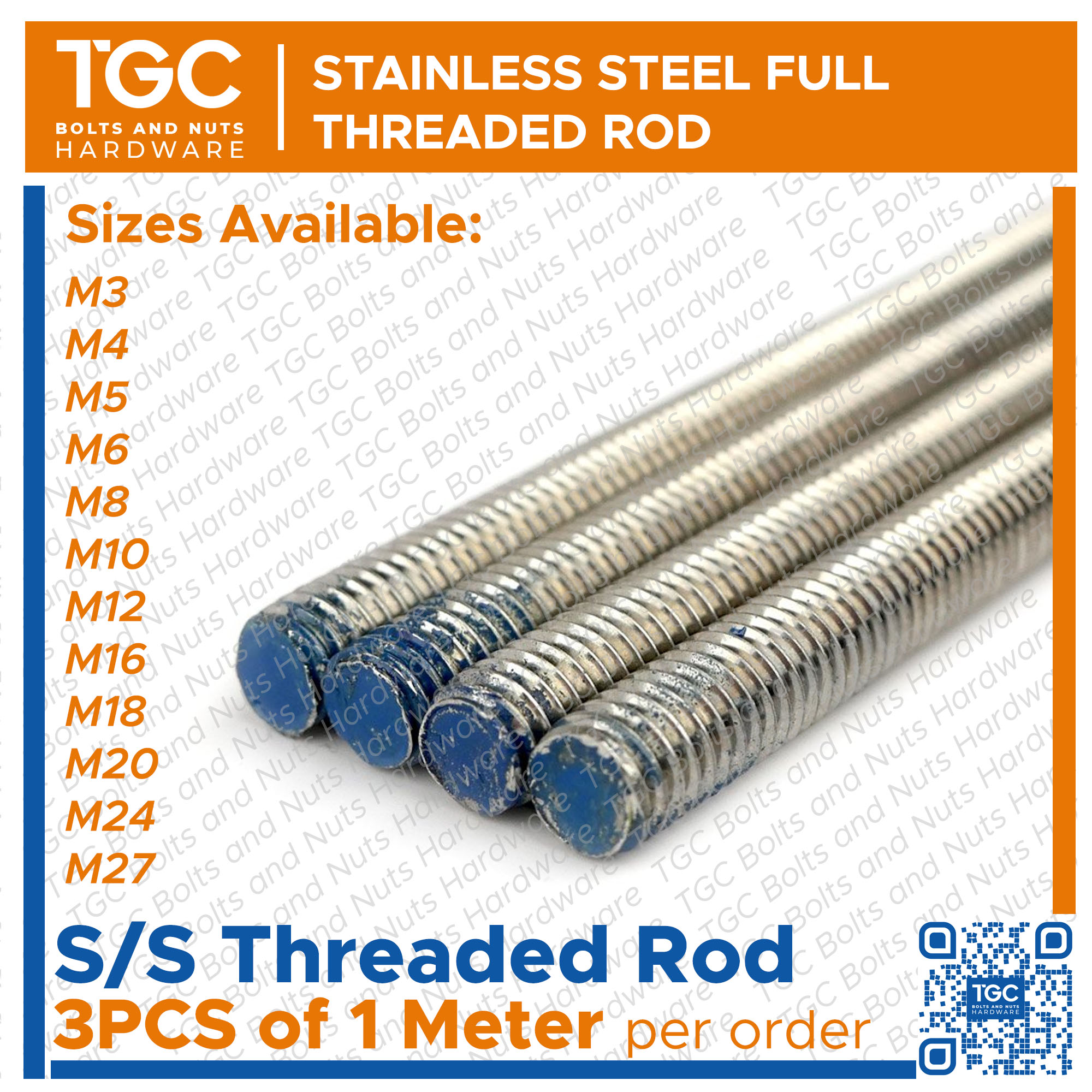 TGC GI Fully Threaded Rod 1/4 5/16 3/8 1/2 5/8 x 3 meters ( 3pcs of 1 ...