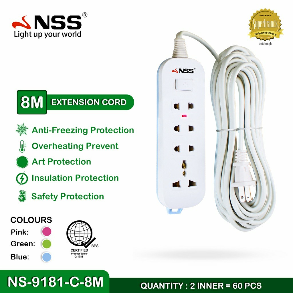 NSS Color Extension Cord 4 Gangs with 1 Switch 250V 2500W 3 Meters/5 ...