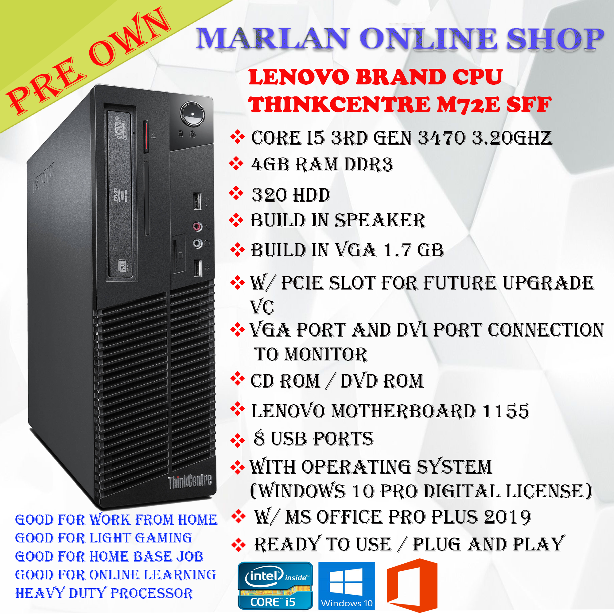 LENOVO BRAND CPU CORE I5 3RD GEN WITH OPERATING SYSTEM WINDOWS 10 PRO ...