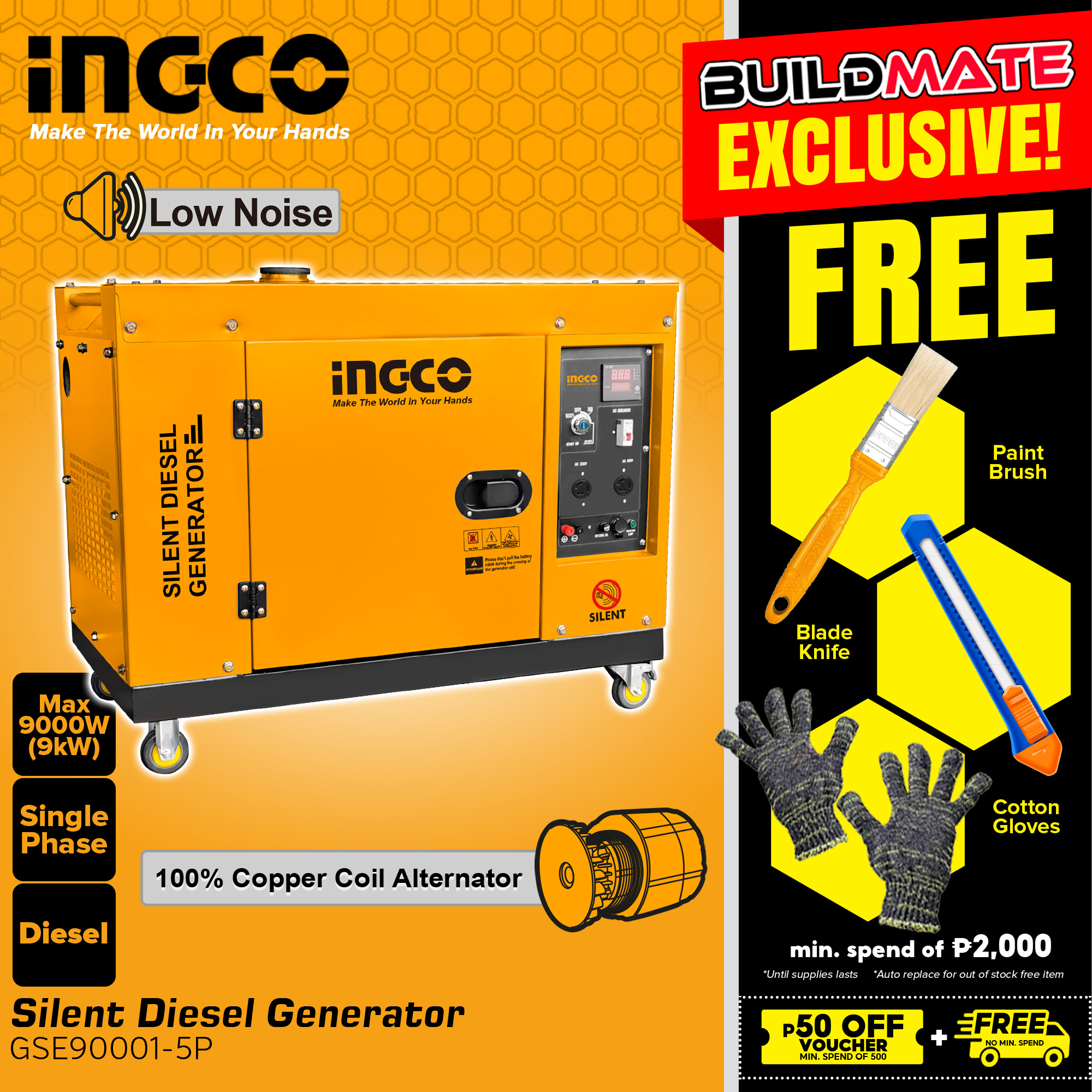 BUILDMATE Ingco 9KVA 17L Silent Diesel Generator Single Phase Air ...