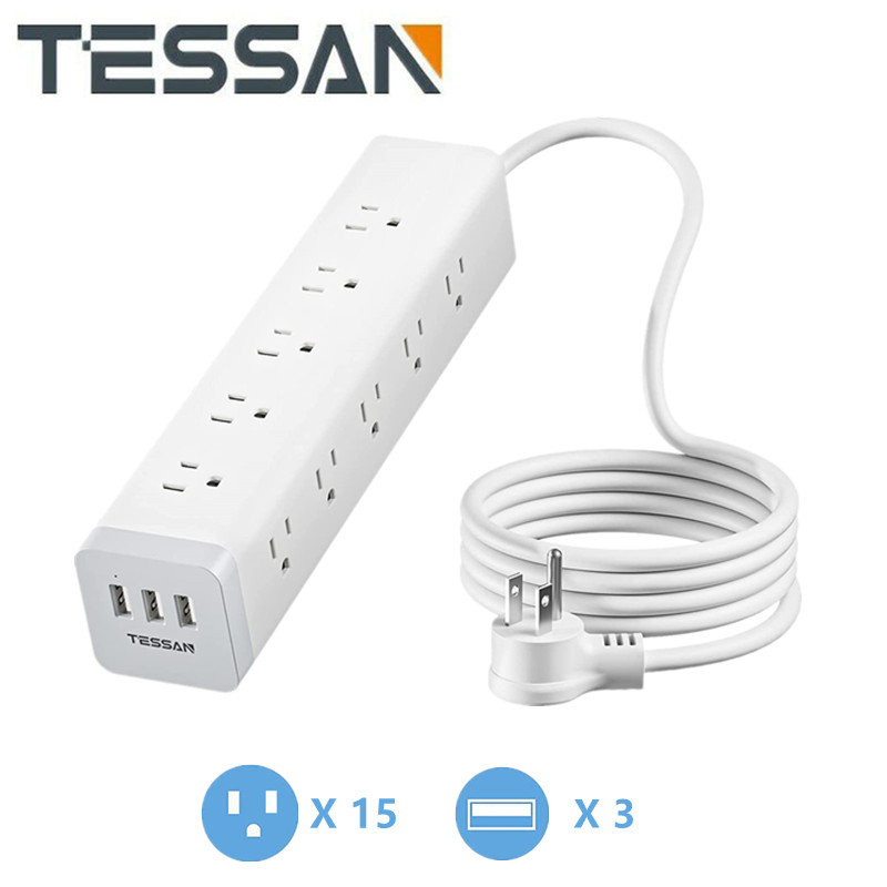 TESSAN Power Extension Cord Socket Power Strip with 3 USB and 15 ...