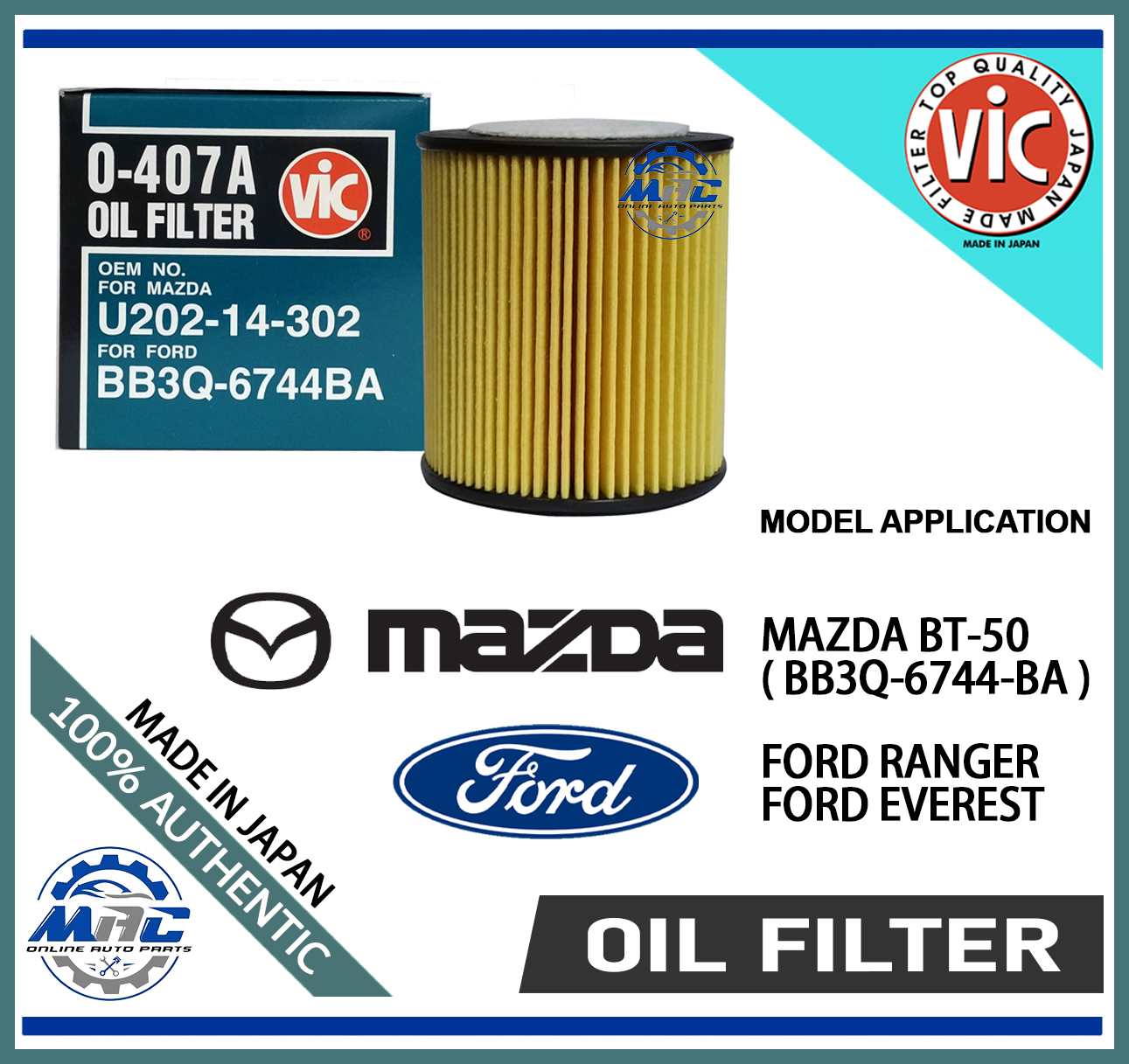 VIC O-407A Oil Filter for Ford Ranger , Ford Everest , Mazda BT-50 ...