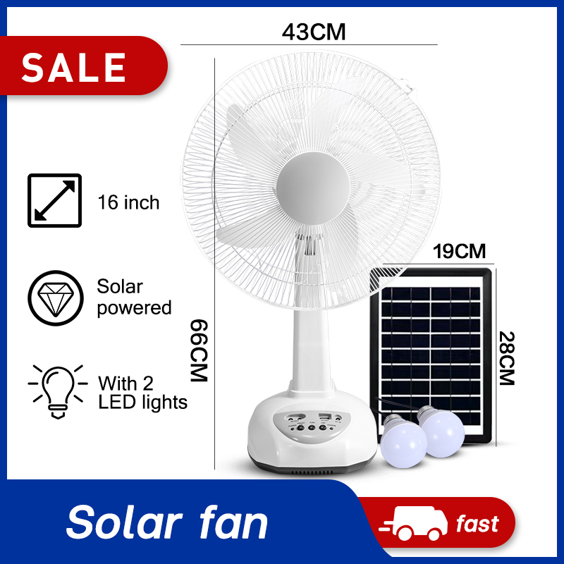 Solar electric fan 12/14/16 inch rechargeable 2 LED lights 220V AC ...