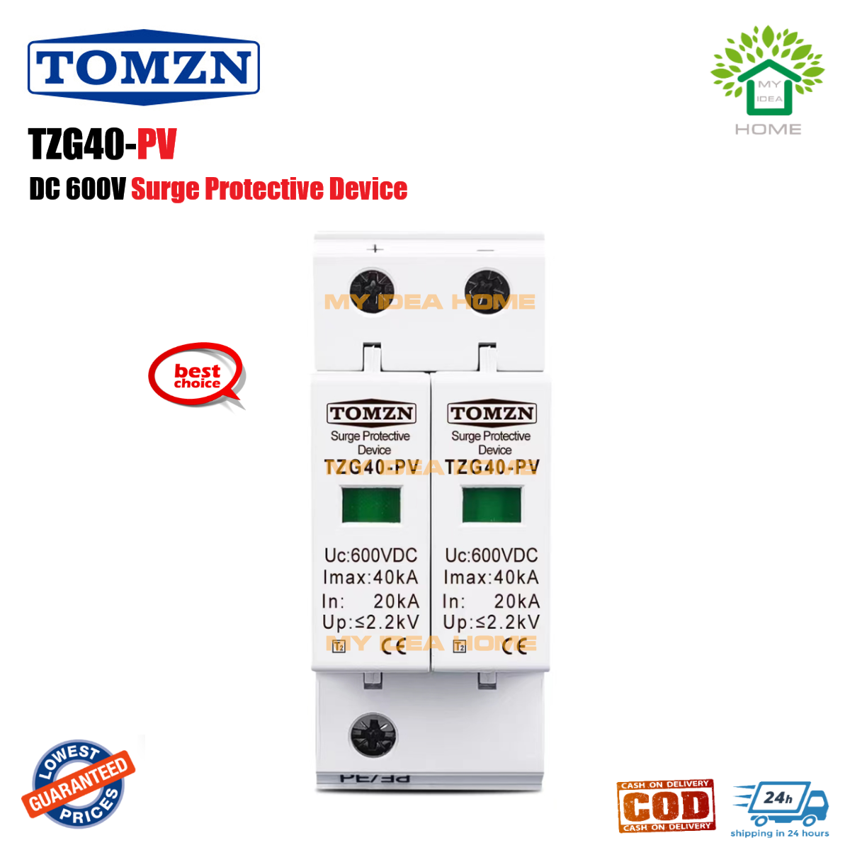 TOMZN SPD 2P AC 385V/DC 600V 20~40KA House Surge Protective Device Low ...