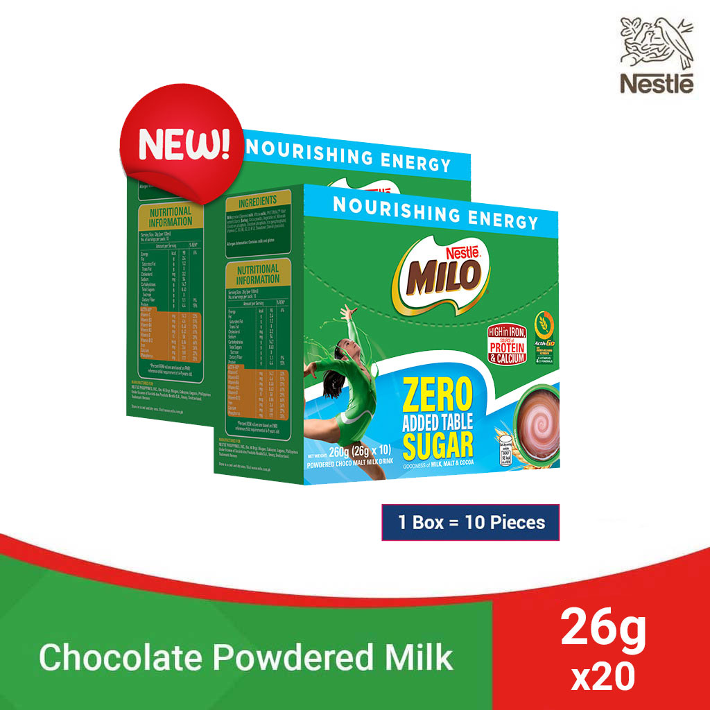 MILO Zero Added Table Sugar Powdered Choco Milk Drink 26g - Pack of 20 ...