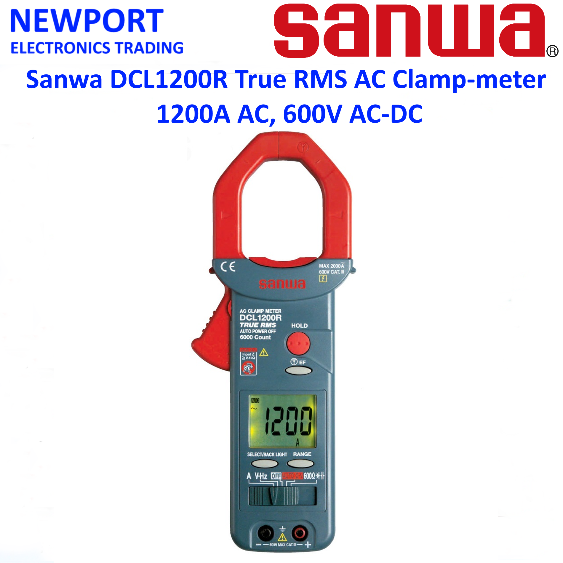 Sanwa DCL1200R AC + True RMS Digital Clamp Meter, 1200A AC, 600V AC-DC ...