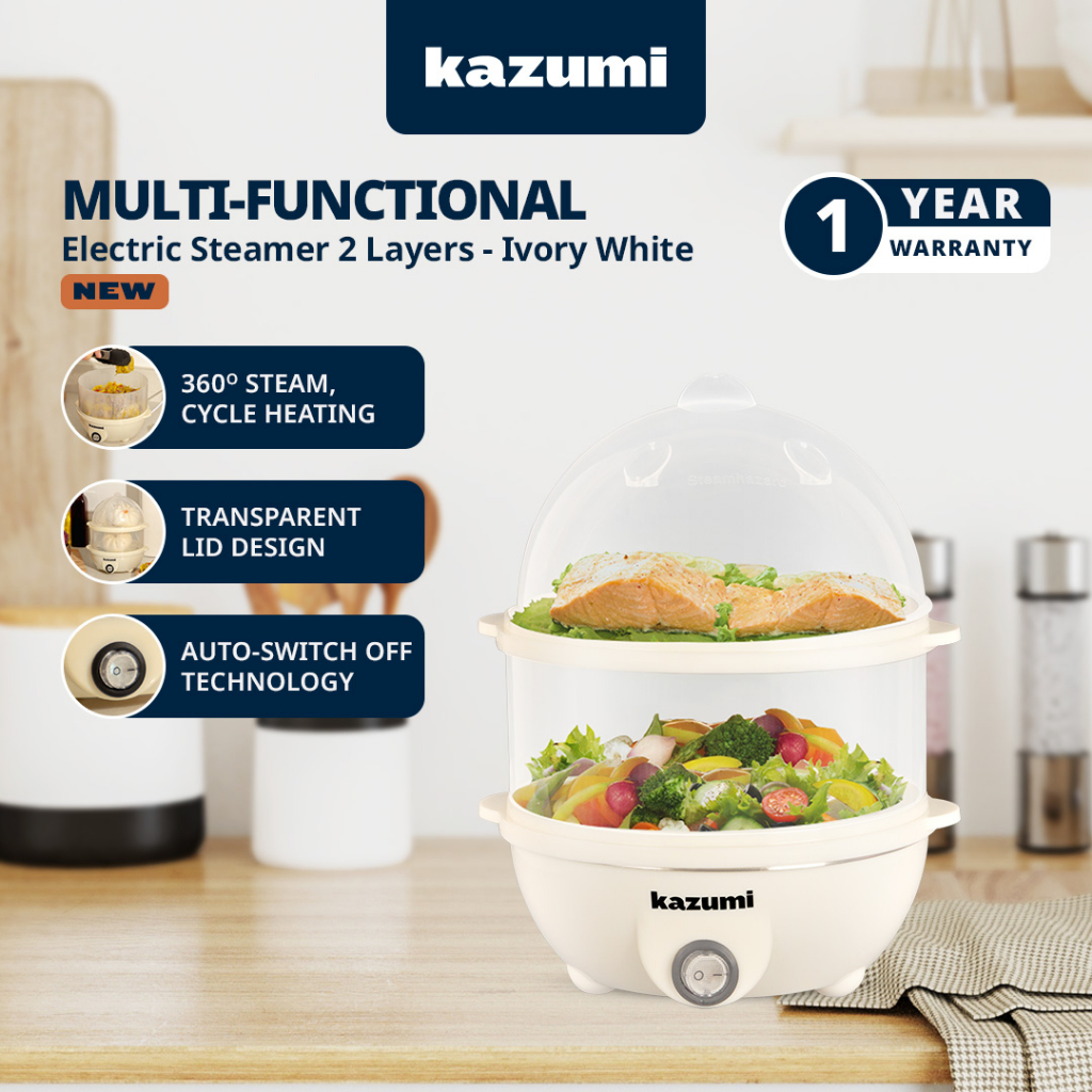 KAZUMI KZ-100 Multi-Functional Steamer 2 & 3 Layers 350W Egg Boiler Cooker - White and Black ...