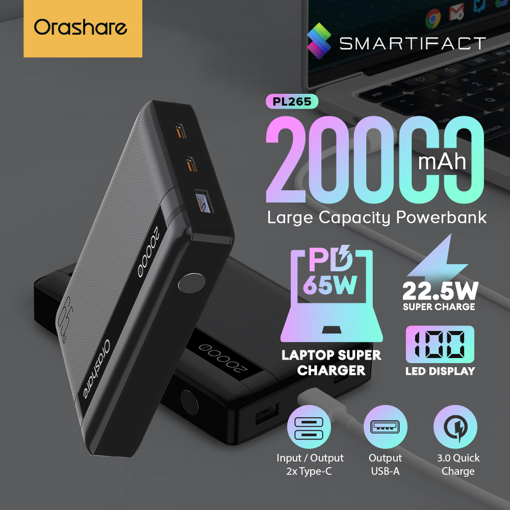 Orashare PL265 65W 20000MAH Powerbank Dual USB and Type C Output ...