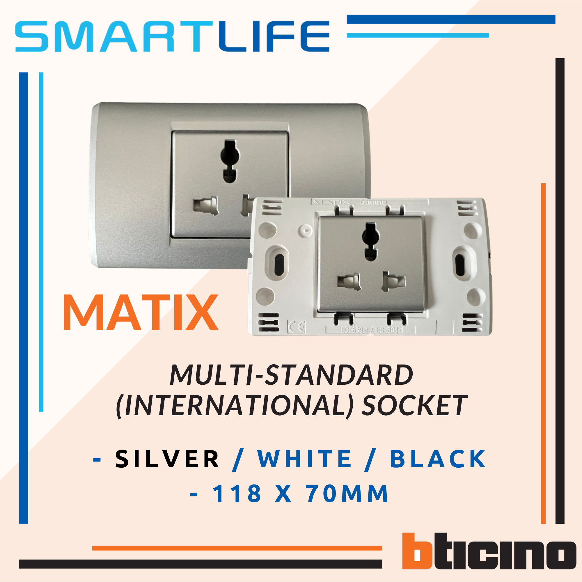 Bticino Matix 1 Gang International Socket Outlet Euro-US 15A 250V with ...