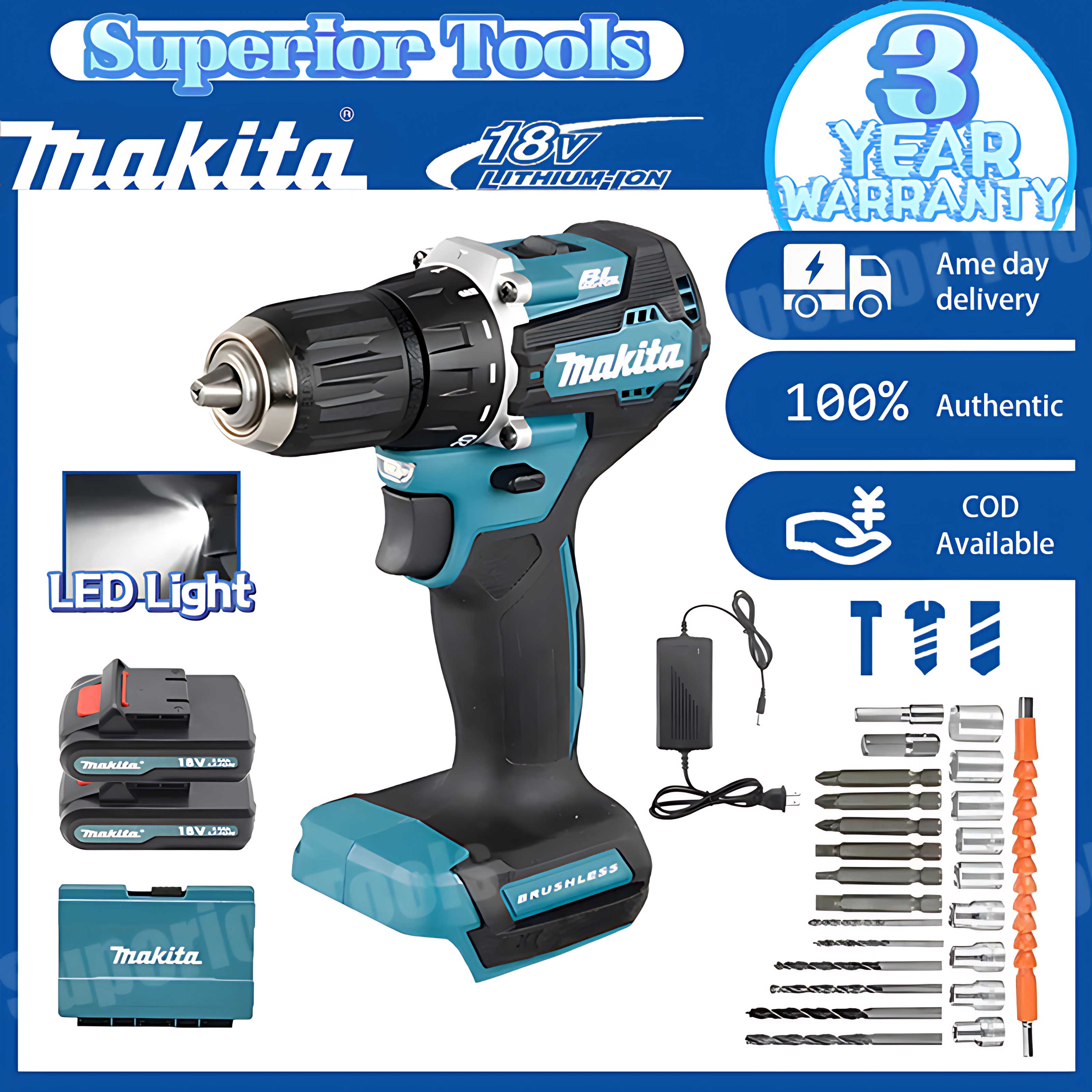 Makita Cordless Electric Drill Impact Drill Power Tools Set 10mm ...