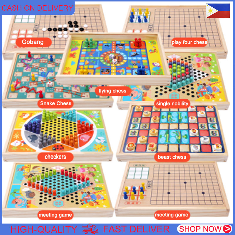 9-in-1 Portable Wooden Flying Chess Checkers Catapult Snakes And ...