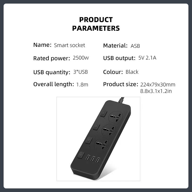 Power Extension Socket 3-pin Plug 3 AC Universal with 3 USB Ports 2.8M ...