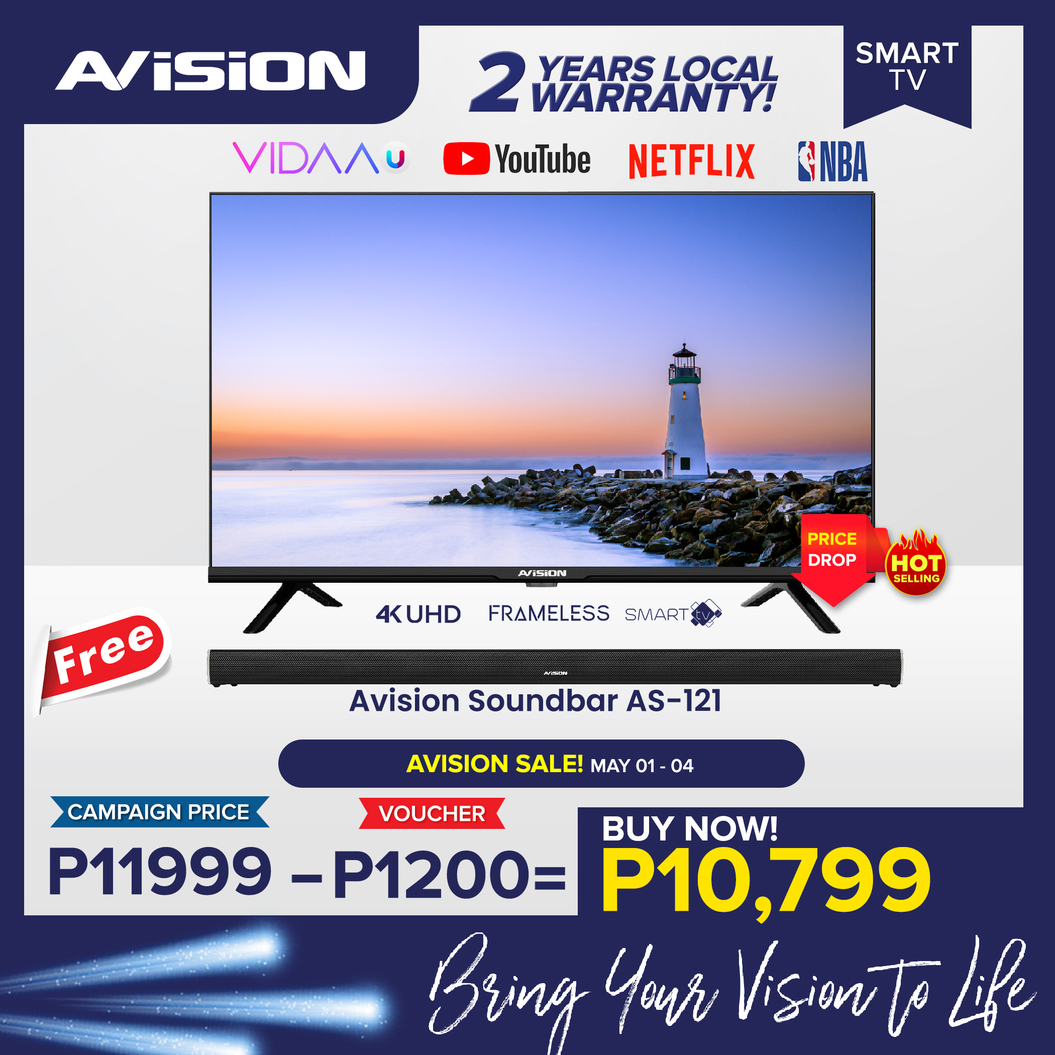 Avision 43 Inch Frameless Smart Digital FHD LED TV 43FL80C with SB-121 ...