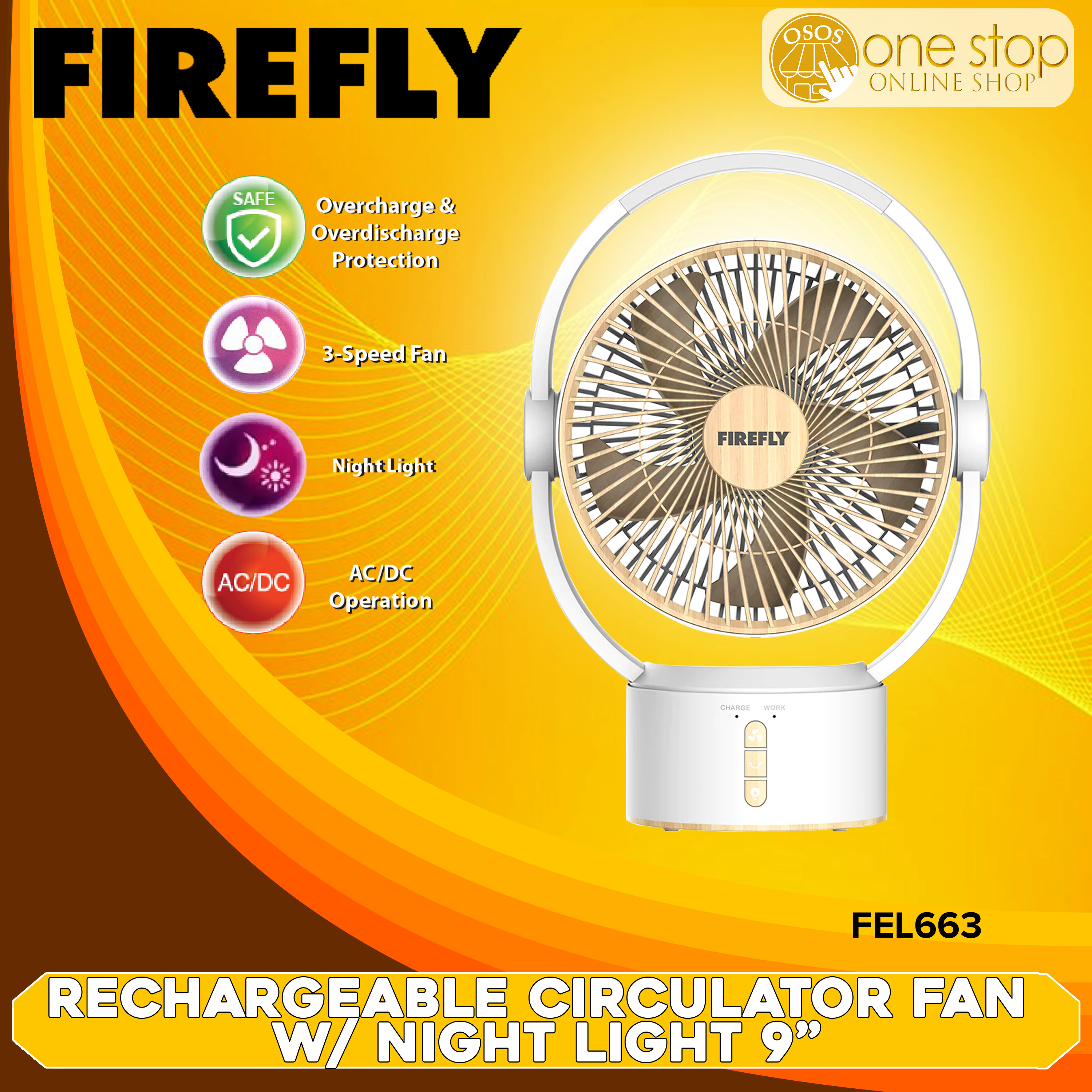 Firefly By OSOS 9inch Rechargeable Circulator Fan Light/Wood Design ...