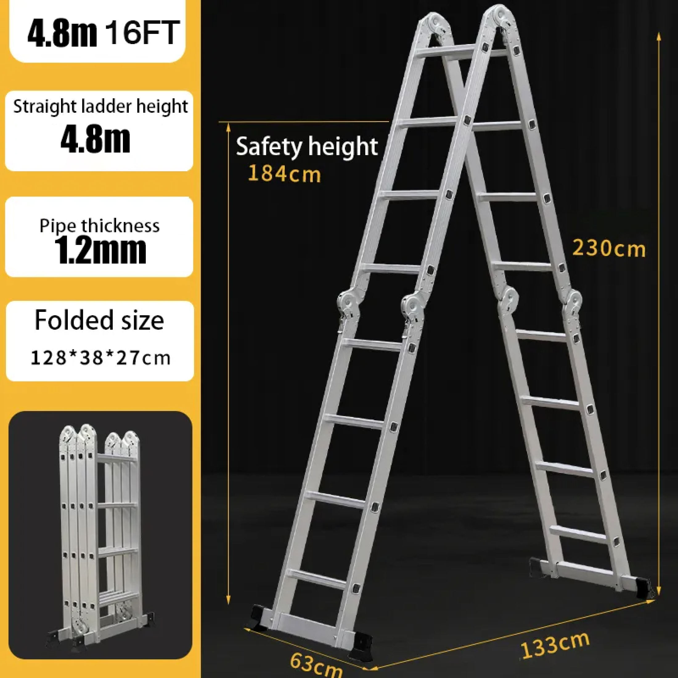 Foldable Ladder 12FT 16FT 20FT Aluminum Alloy Ladder Adjustable Multi ...