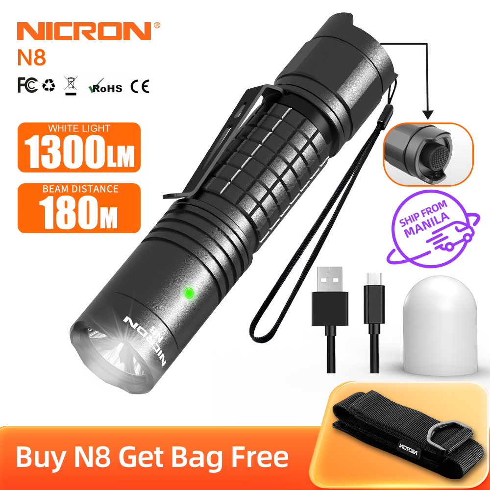 NICRON Flashlight N8 tactical Flashlight 1300 lumen Rechargeable Flashlight Handfree Portable ...