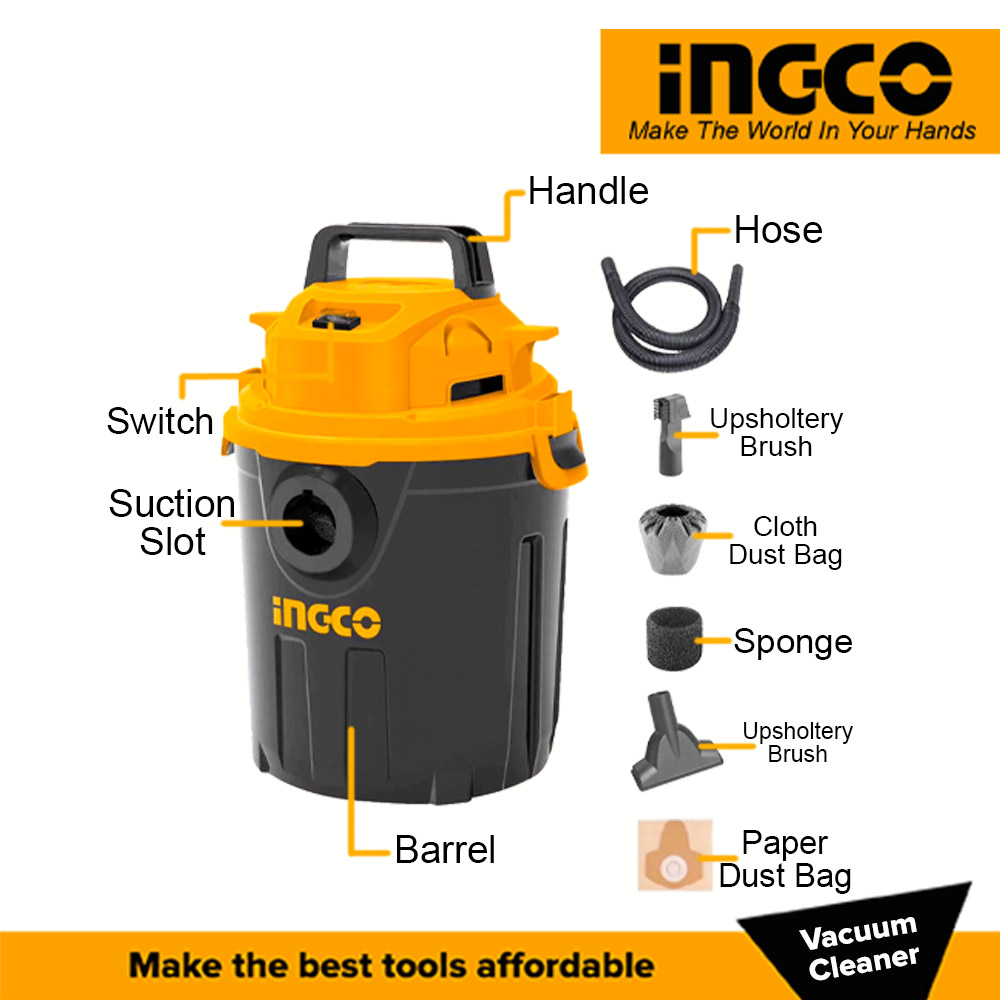 INGCO VC10101 10L Wet & Dry Vacuum Cleaner 1000W for Household Cleaning ...