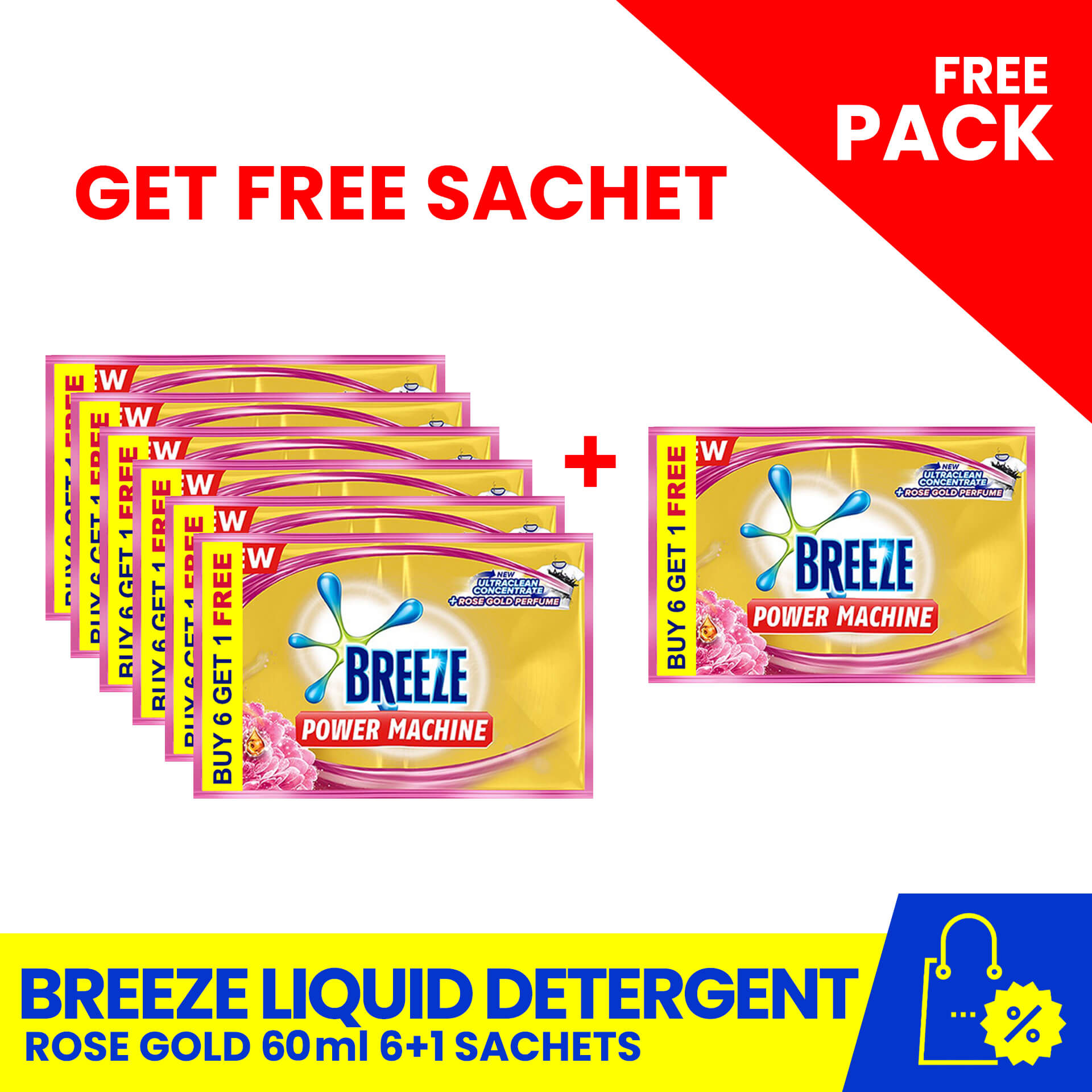 BREEZE Liquid Detergent with Rose Gold 60ml 6+1 Sachets, laundry powder ...