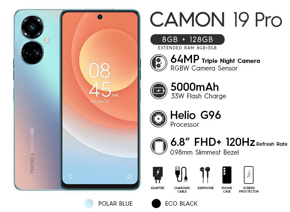 Tecno CAMON 19 Pro 128GB + 13GB (8+5) RAM 64MP OIS and EIS Bright Night ...