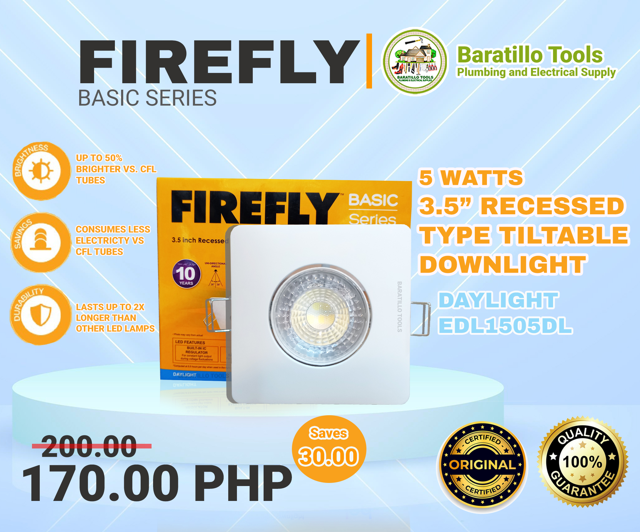 FIREFLY 3.5" Recessed Type Tiltable Downlight 5W Warmwhite EDL1505WW ...