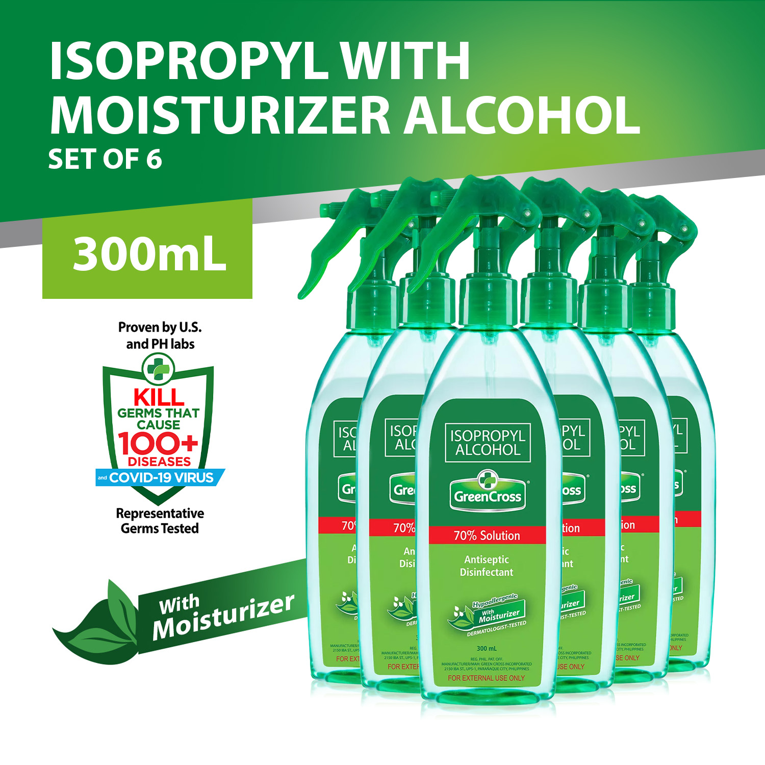Green Cross Isopropyl Alcohol with Moisturizer 70% Solution (300 mL) x6 | Lazada PH