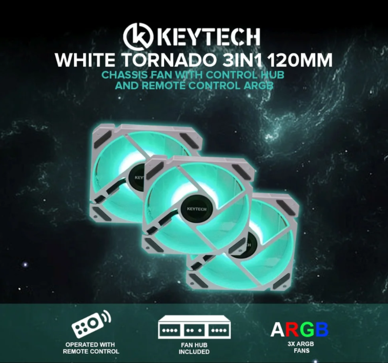 KENLEI Keytech White Tornado 3in1 120mm Chassis Fan with Control Hub ...