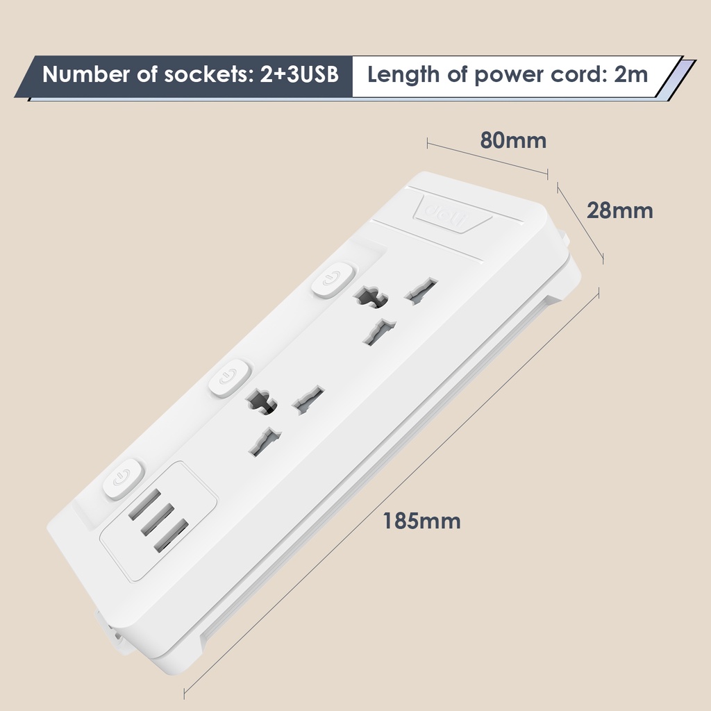 Deli 2M Universal Extension Socket Power Socket With independent Switch USB Socket Extension ...