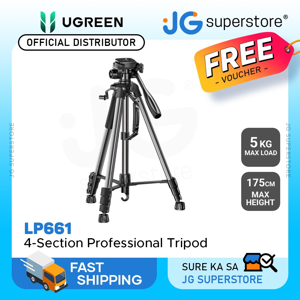 UGREEN LP661 4-Section Professional Tripod with Clip Phone Holder, 1/4" Screw, 53.5-175cm ...