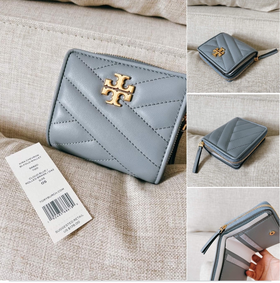 T.O.R.Y B.U.R.C.H Kira Light Blue Chevron Quilted Leather Bi-Fold ...