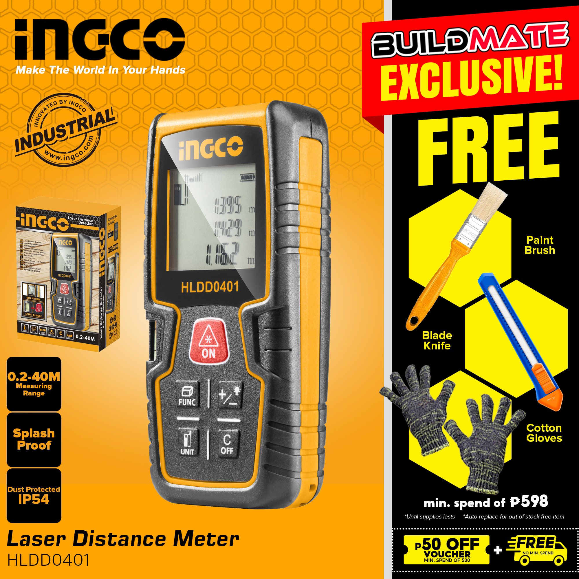 BUILDMATE Ingco Laser Distance Meter Detector 0.2-40m Laser Distance ...
