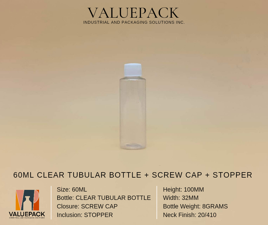 60ML CLEAR TUBULAR BOTTLE + MIST SPRAY, FLIPTOP CAP. TONER CAP, SCREW ...
