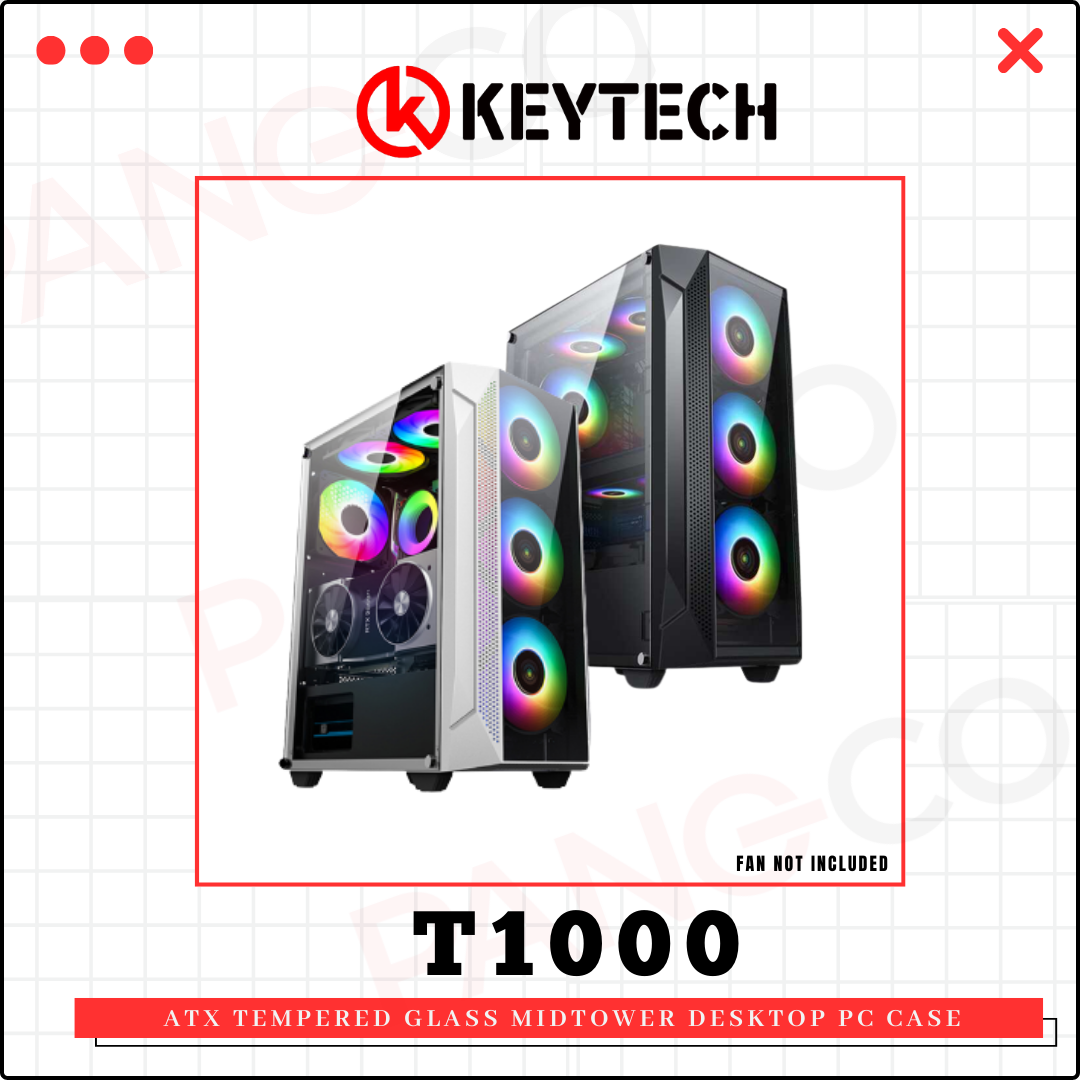 KEYTECH T1000 ATX Tempered Glass Midtower Desktop PC Gaming Case w/ 4x ...