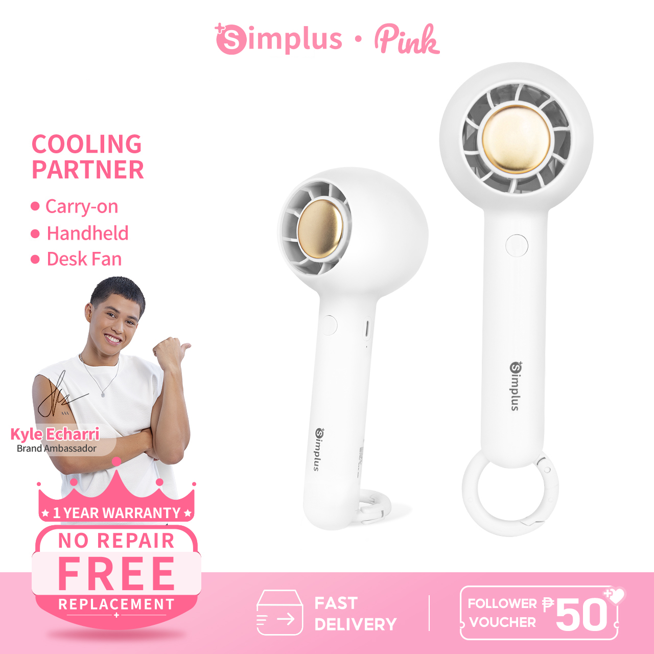 SimplusPink Mini Fan Rechargable Handheld Electric Fan USB Portable for ...