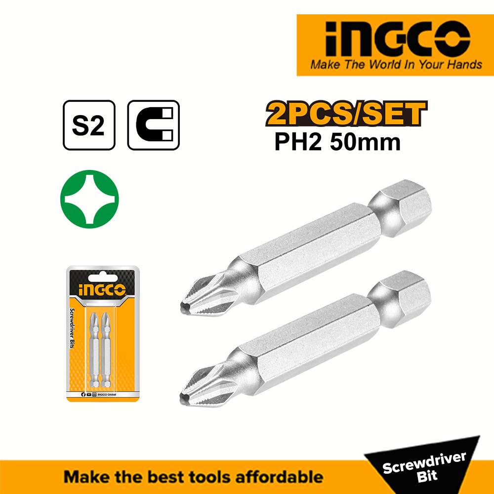 INGCO 2PCS/SET Screwdriver Bits Double Phillips Screw Magnetic Two-Sided Cross for Power ...