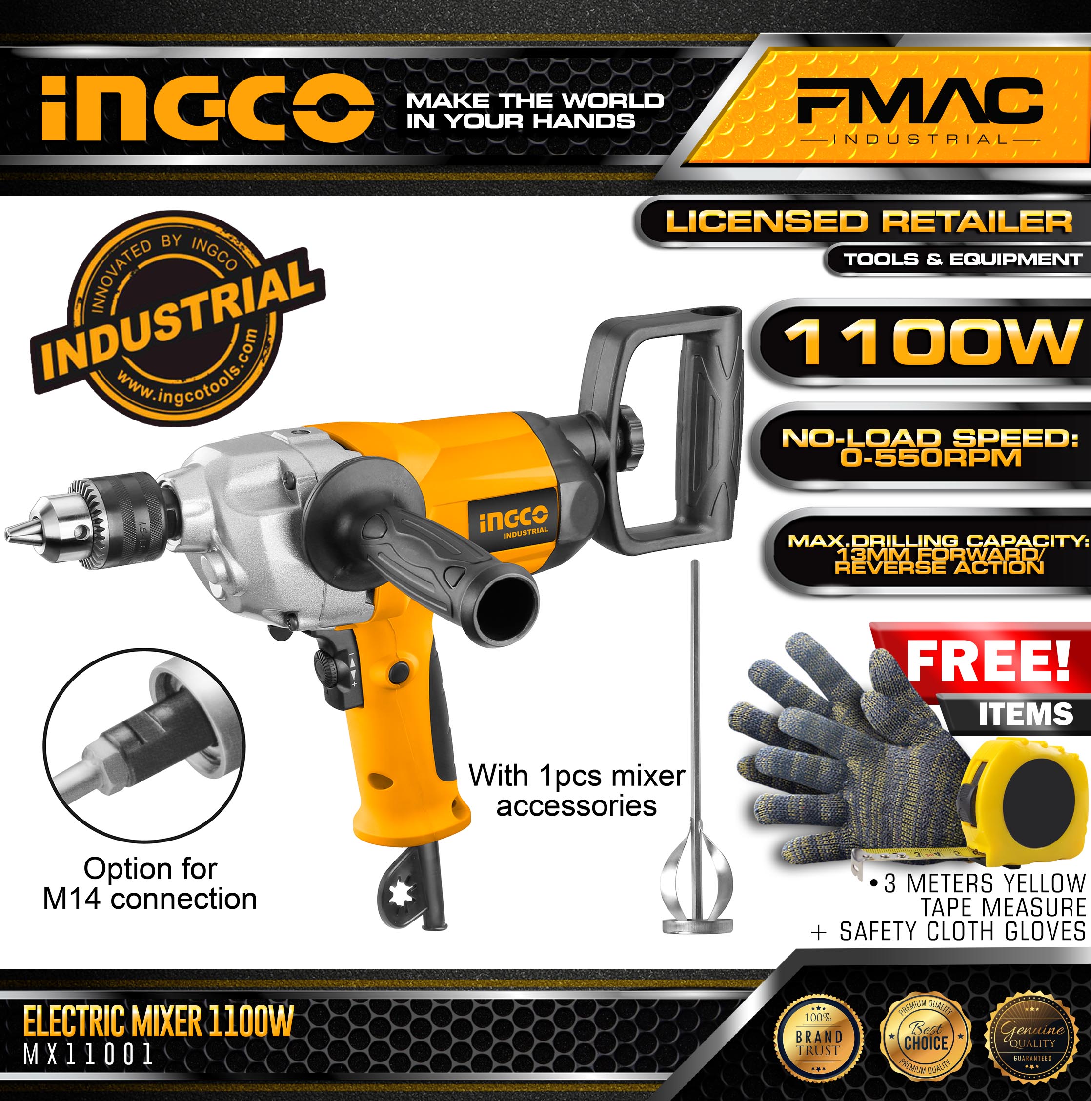 INGCO Mixer 1100W MX11001 (WITH FREE 3 METERS YELLOW TAPE MEASURE ...