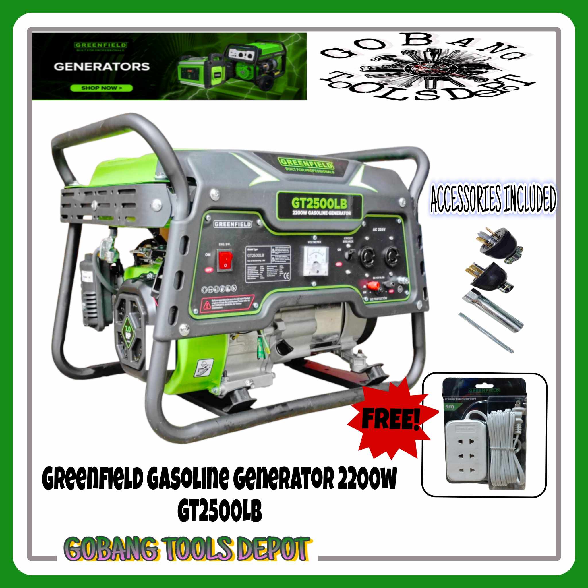 Greenfield gasoline generator 2200w GT2500LB with free extension ...