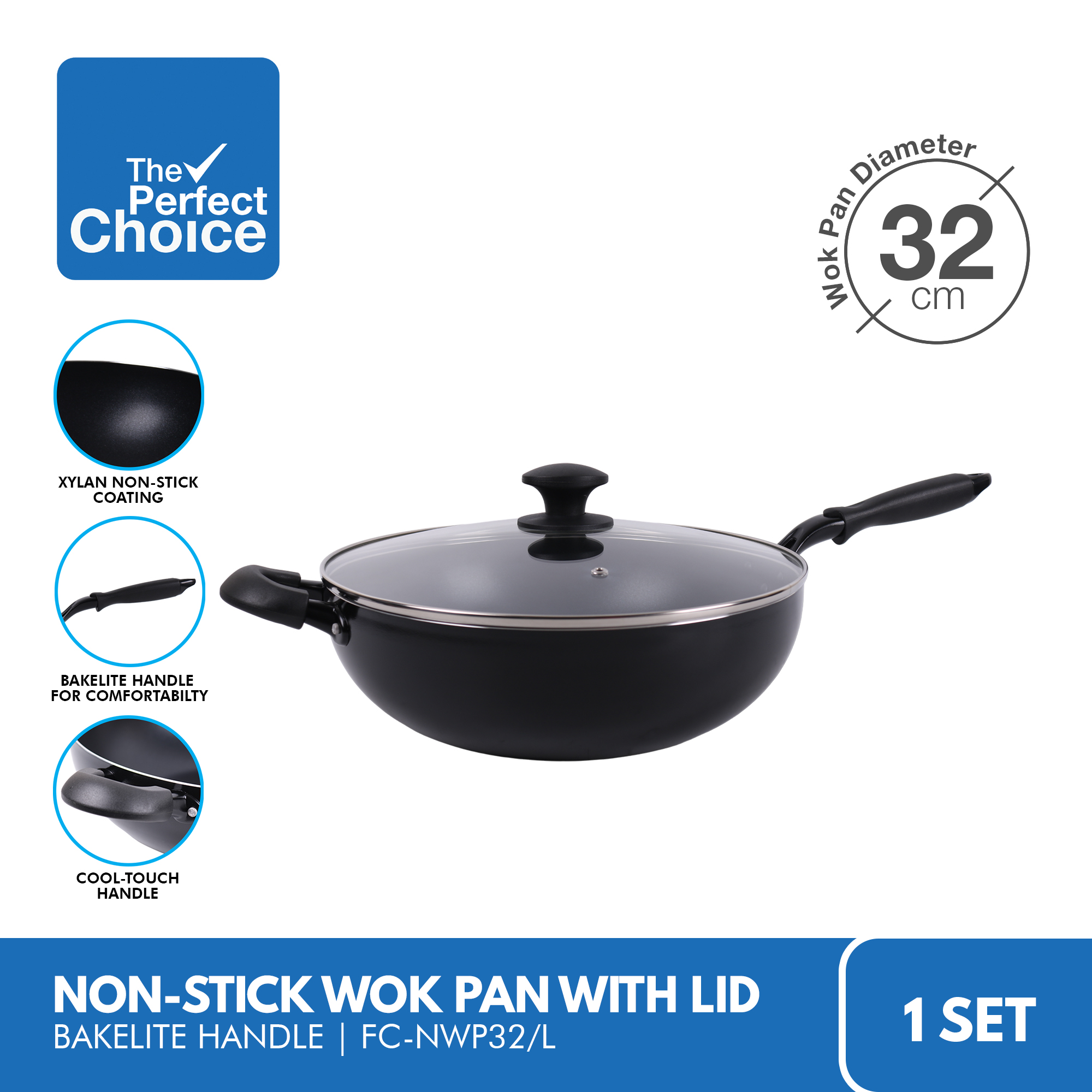 The Perfect Choice Non-Stick Wok Pan with Lid 32cm | Bakelite Riveted ...