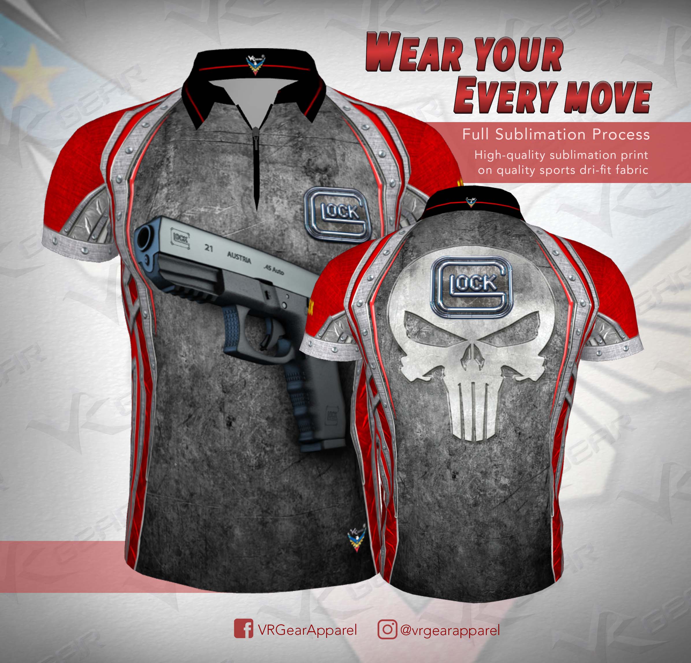 GLOCK PUNISHER (Red) Subli Polo Shirt VR Gear Apparel Drifit Unisex ...