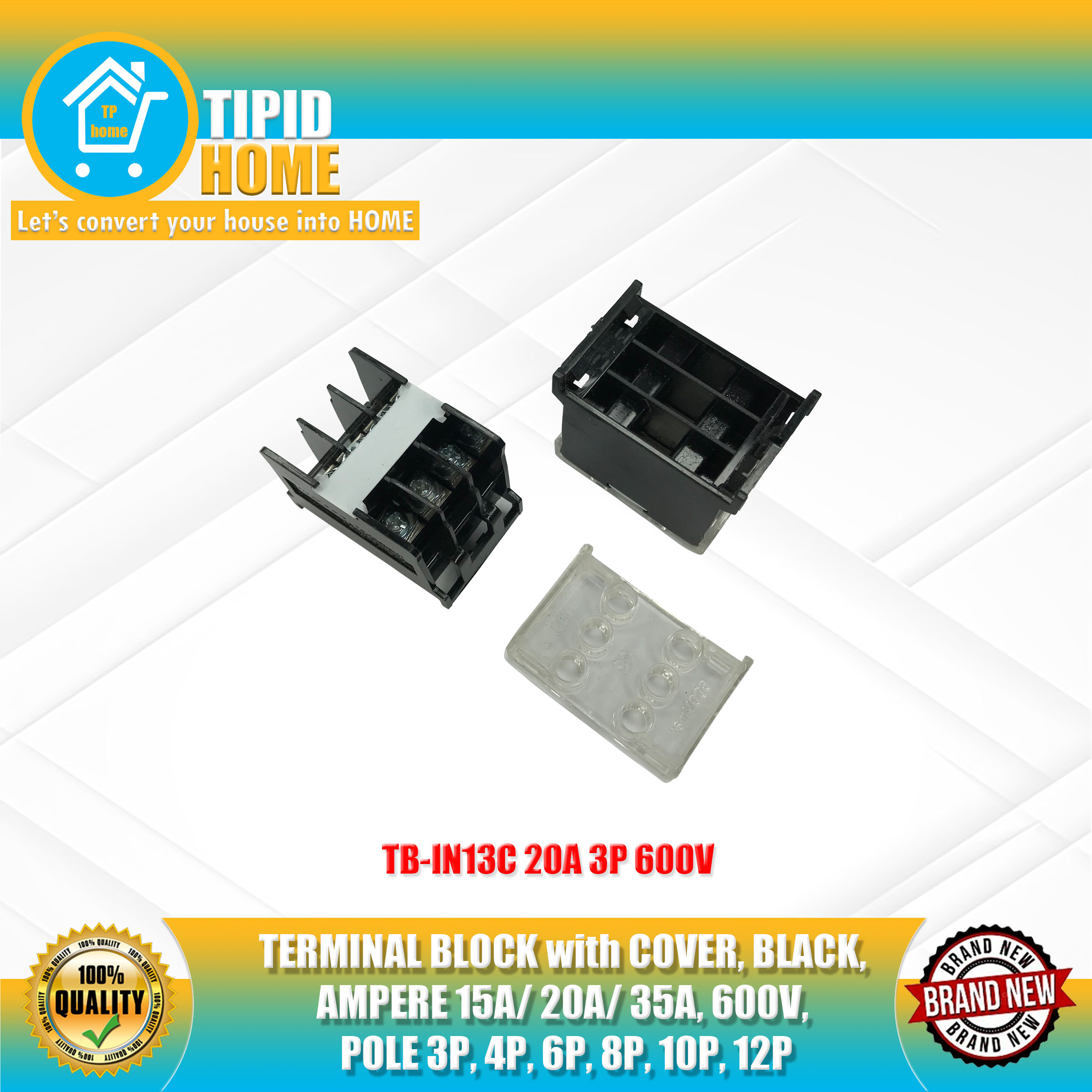 TERMINAL BLOCK with COVER, BLACK, AMPERE 15A/ 20A/ 35A, 600V, POLE 3P, 4P, 6P, 8P, 10P, 12P ...
