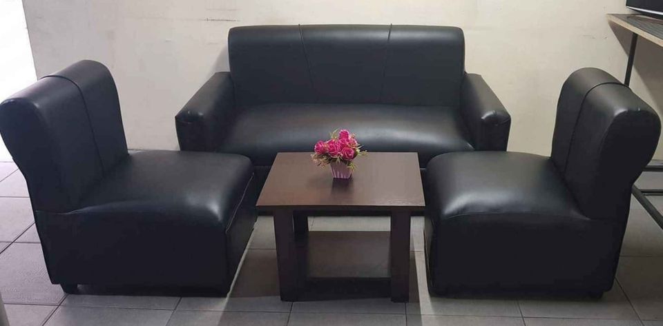 bulcaster sofa set black genuine leather with wood center table | Lazada PH